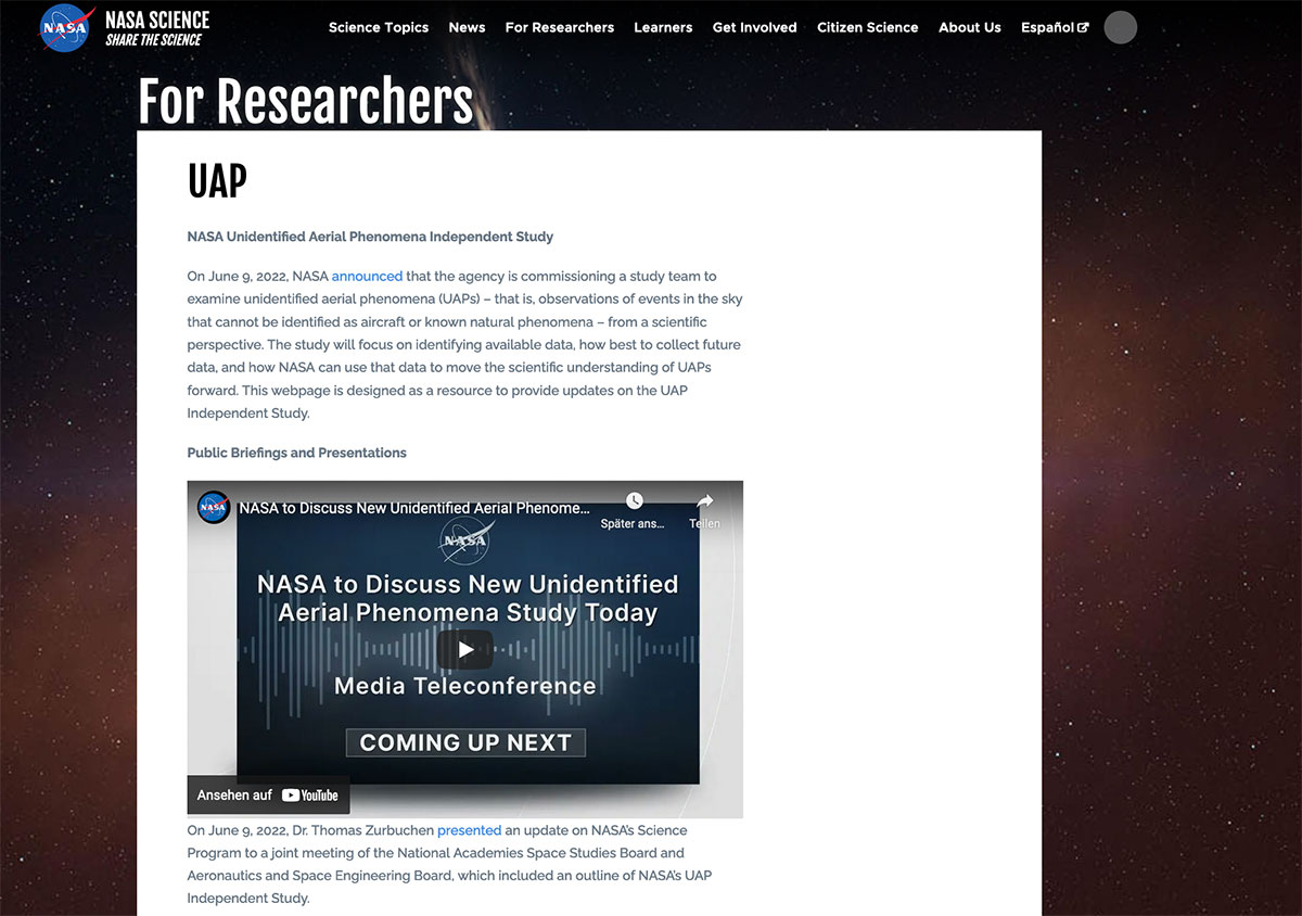 NASA untersucht UFOs/UAP: Neue NASA-Webseite zur neuen „UAP Independent ...